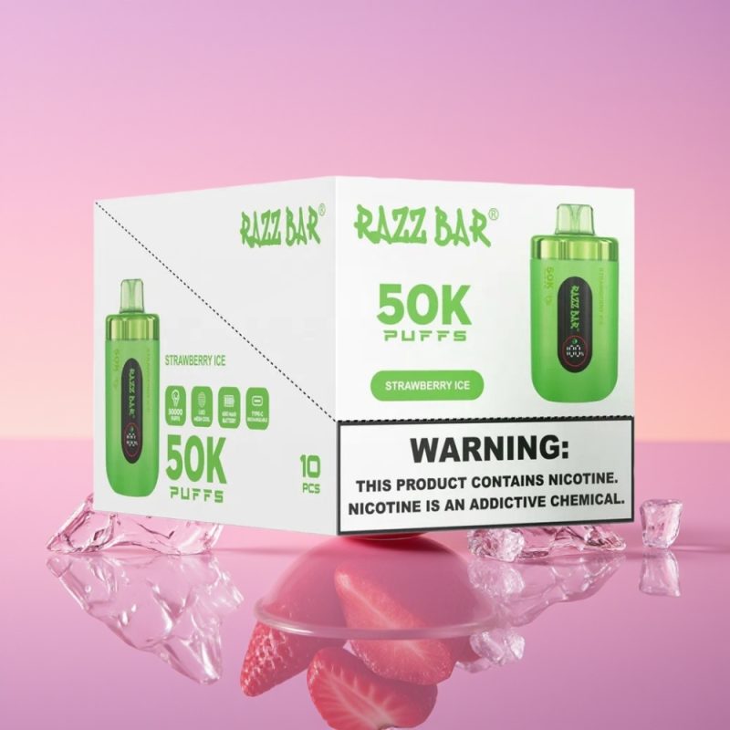 Razz Bar 50K Puffs Disposable Vape Strawberry Ice 1.0 Ohm Mesh 650mAh ...